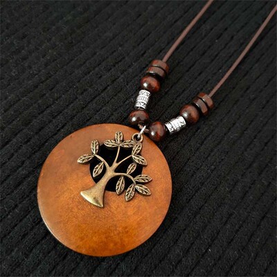 现货Vintage Woodenn Owl Leaf Pendant Necklaces Boho Ethnic S