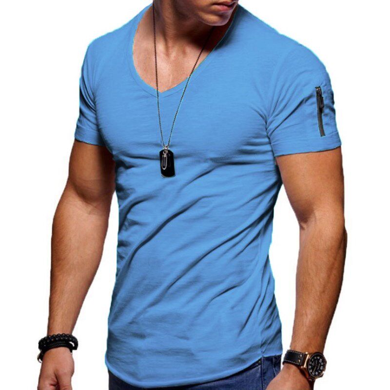 Summer Slim fit Men's V collar T shirt Fitness Bodybuilding_虎窝淘