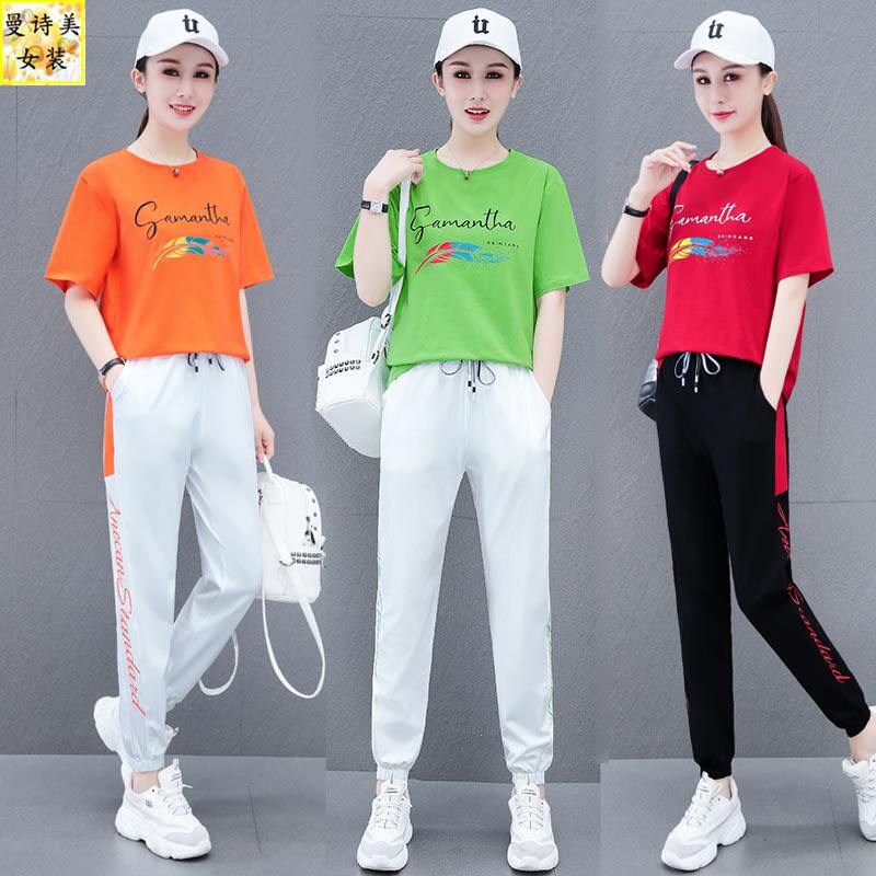 纯棉季红跳舞休夏运动服套装女2023闲网新款广场舞服装宽松两件套