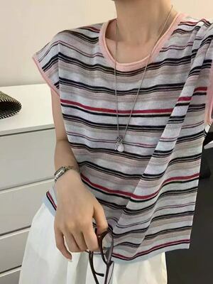 爆米花专享～百搭宽松圆领条纹T恤女休闲上衣薄针织小衫6311