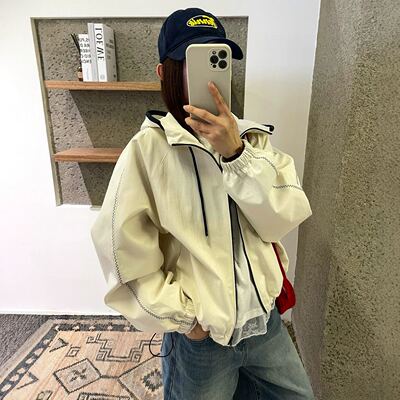 【悟空专享】撞色拉链连帽冲锋衣外套宽松休闲短款夹克4020