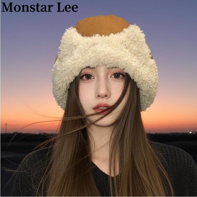 MonstarLee韩系羊羔毛渔夫帽子女冬季加厚保暖护耳可爱猫耳毛绒帽