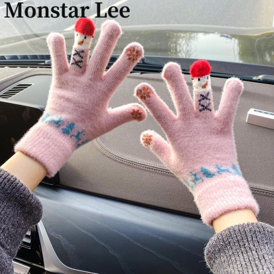 MonstarLee手套女冬可爱学生针织毛线可触屏保暖骑车五指防寒骑行