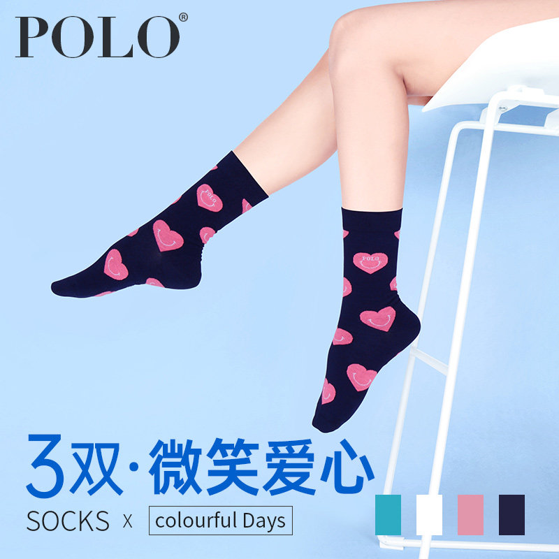 Polo袜子女高筒中厚心形纯棉冬季潮ins甜美可爱长袜中筒秋季女袜