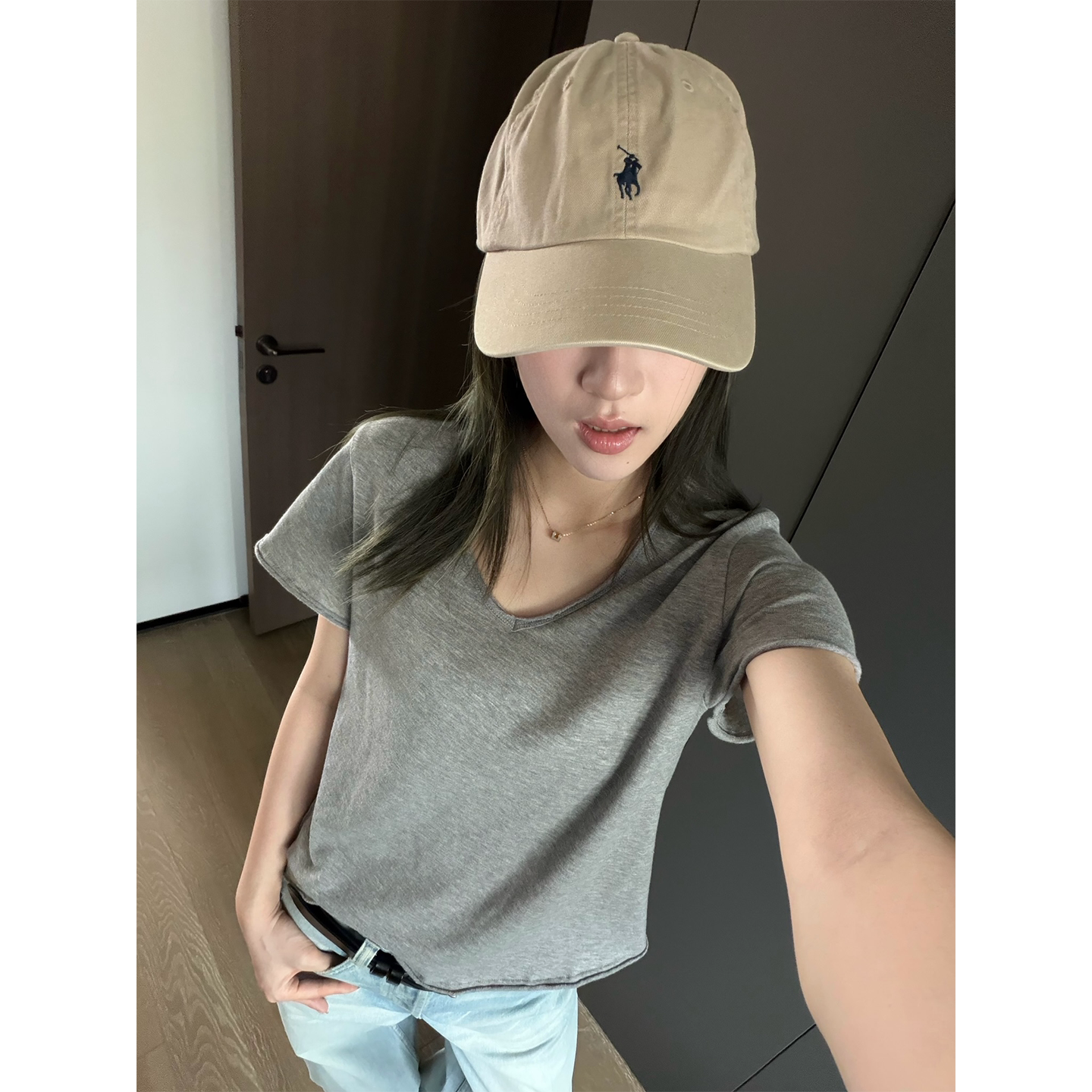 OPS LA MODE AMV经典竹节纹内里磨毛V领T恤