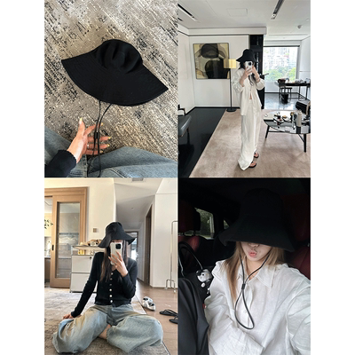 OPS LA MODE 素颜氛围的神 真皮抽绳遮阳大帽檐渔夫帽