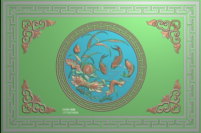 52686 圆形荷花鱼洋花角回纹边框正精雕JDP灰度BMP图