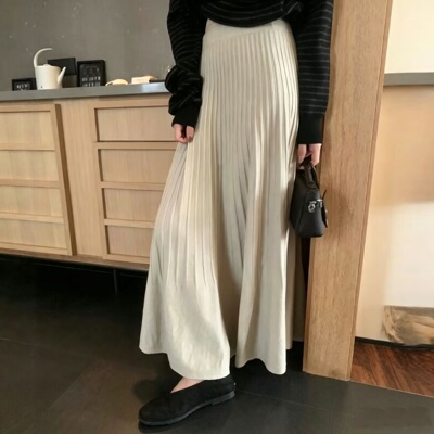 韩系高腰显瘦针织褶皱长款伞裙