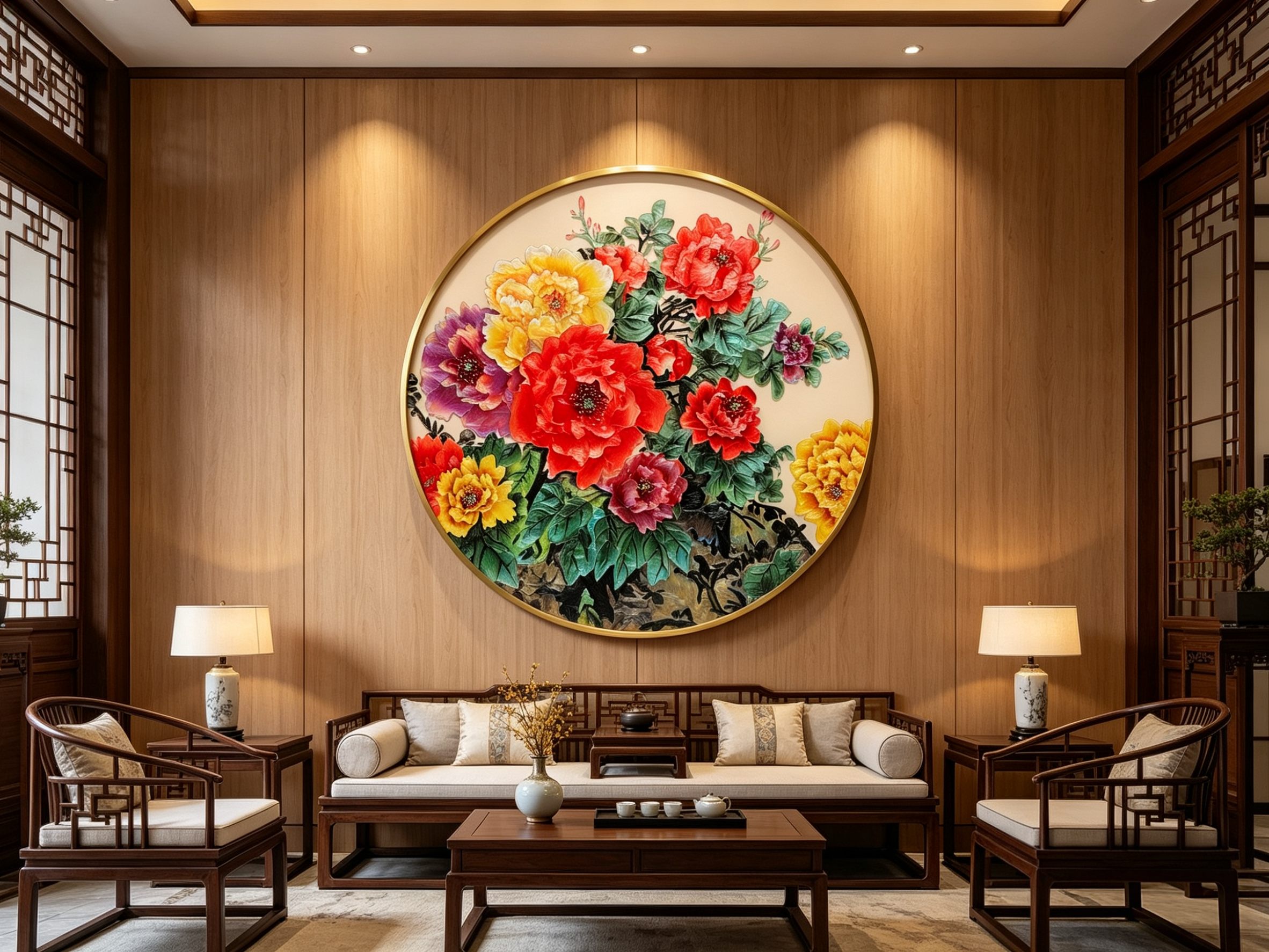 新中式手工珐琅彩画《金玉满堂》新古典客厅玄关高级感圆形装饰