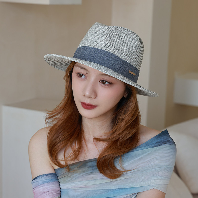 定制烟灰蓝  法式复古爵士小礼帽子女夏英伦防晒遮阳帽巴拿马草帽