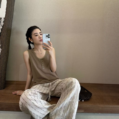 夏季针织背心条纹裤两件套女
