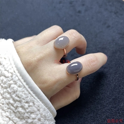 和田玉色烟紫浓烟紫戒指镀金镶嵌蛋面指环复古时尚个性温柔风女款