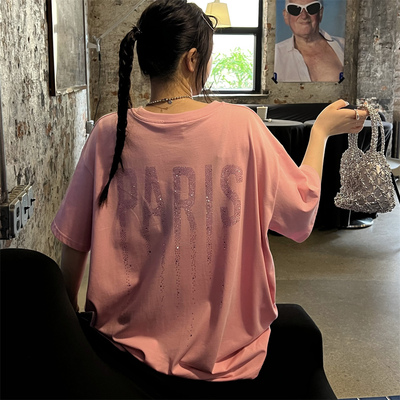 纯棉水滴字母烫钻圆领t恤百搭