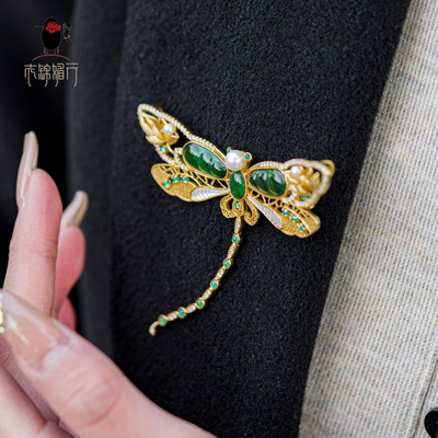 衣锦媚行S925银镀金翡翠珍珠胸针