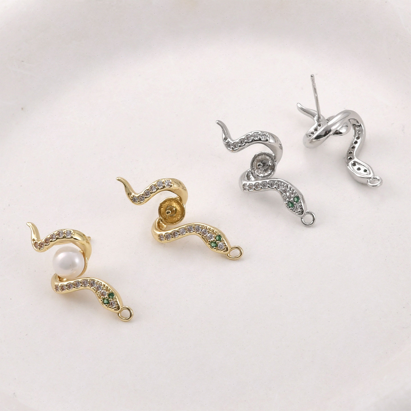 14k电镀真金保色蛇形珍珠耳钉diy手作个性耳环耳饰配件材料