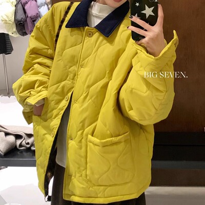大7女装32630冬季韩版宽松大码胖mm慵懒休闲风复古撞色领棉服外套