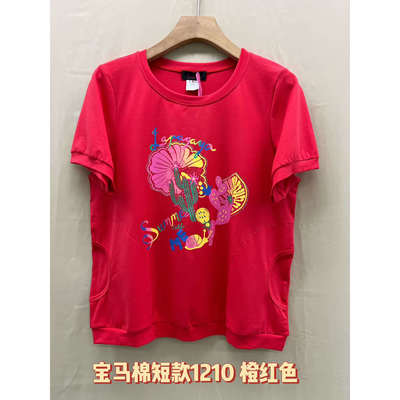 1210蓝色橙红大码女装夏新款短袖200斤遮肚印花大气妈妈衫仙人掌