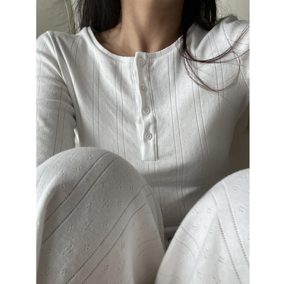 Jimjam Pajamas 有机棉法式针织提花螺纹长裤套装亨利领长袖