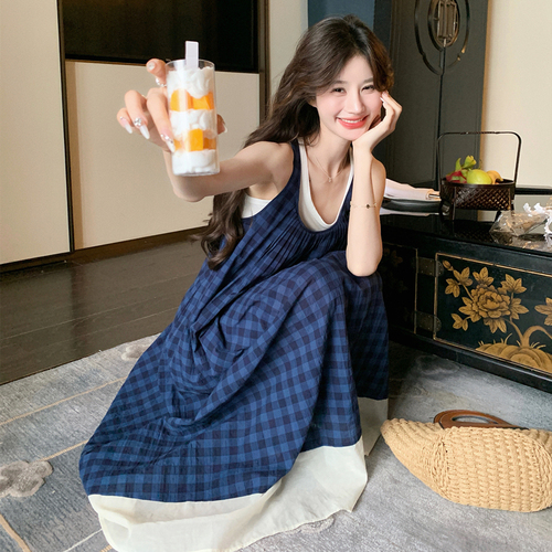 学院风蓝色格子吊带裙女2025夏新款白色背心无袖连衣裙_浙宝1397051 - 杭州女装网