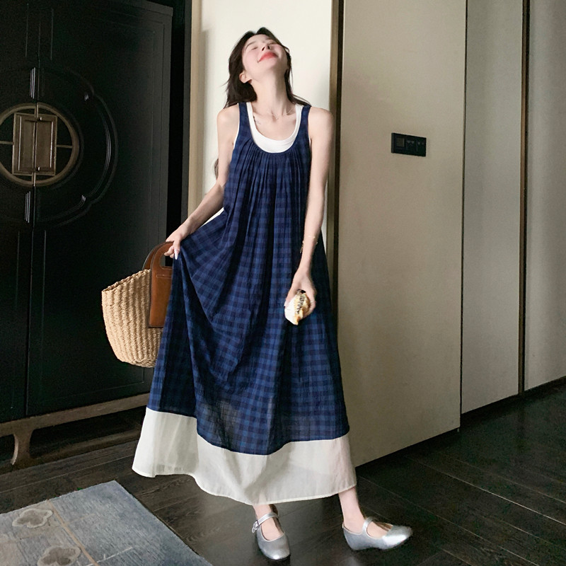 学院风蓝色格子吊带裙女2025夏新款白色背心无袖连衣裙_浙宝1397051 - 杭州女装网