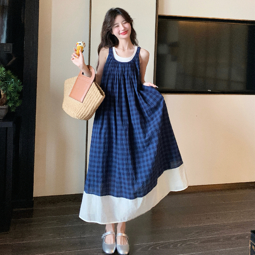 学院风蓝色格子吊带裙女2025夏新款白色背心无袖连衣裙_浙宝1397051 - 杭州女装网