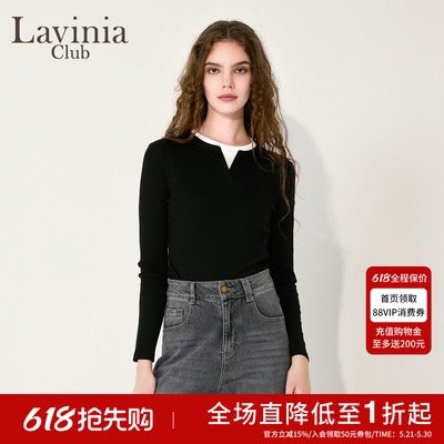 Lavinia2025早秋新款假两件撞色领T恤女V领修身打底针织衫Y55T101