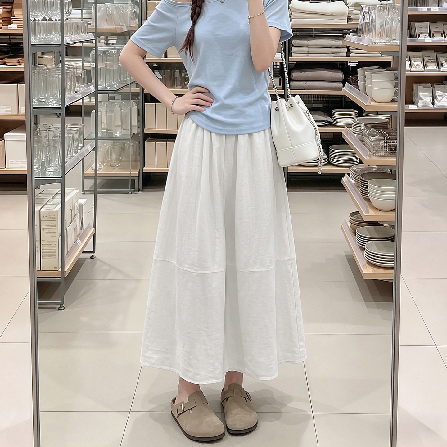 白色天丝亚麻半身裙女2026新款夏季薄款中长棉麻a字裙开叉直筒裙