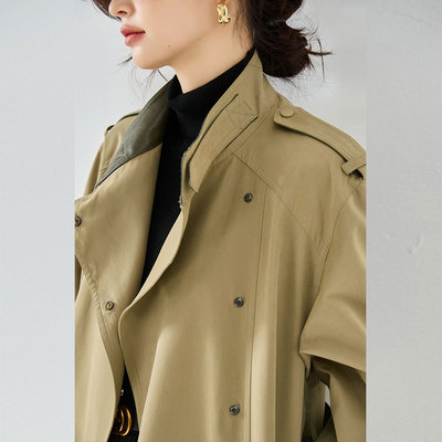 26春新帅气立领垂顺不易皱绒感拼皮通勤休闲中长款风衣外套23066