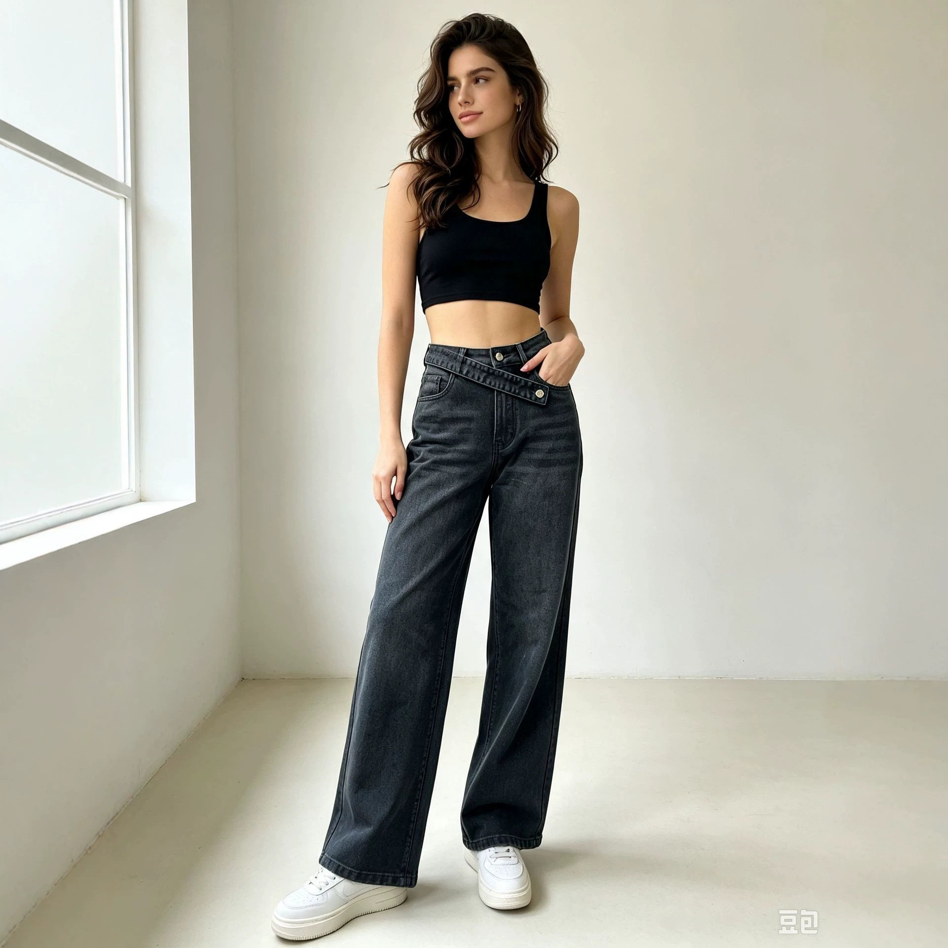 High-waisted wide-leg double-button loose straight-leg jeans