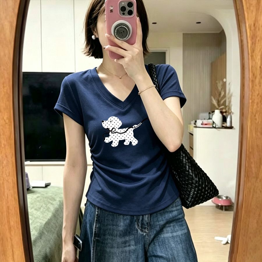 40支精梳棉褶皱小飞袖V领短袖t恤女时尚百搭侧边收腰显瘦上衣夏季