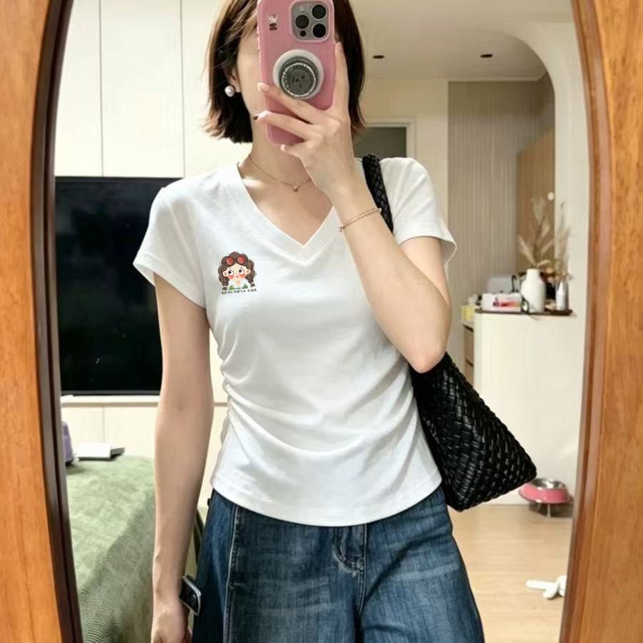40支精梳棉褶皱正肩v领卡腰t恤女夏季新款chic设计感短袖小衫上衣