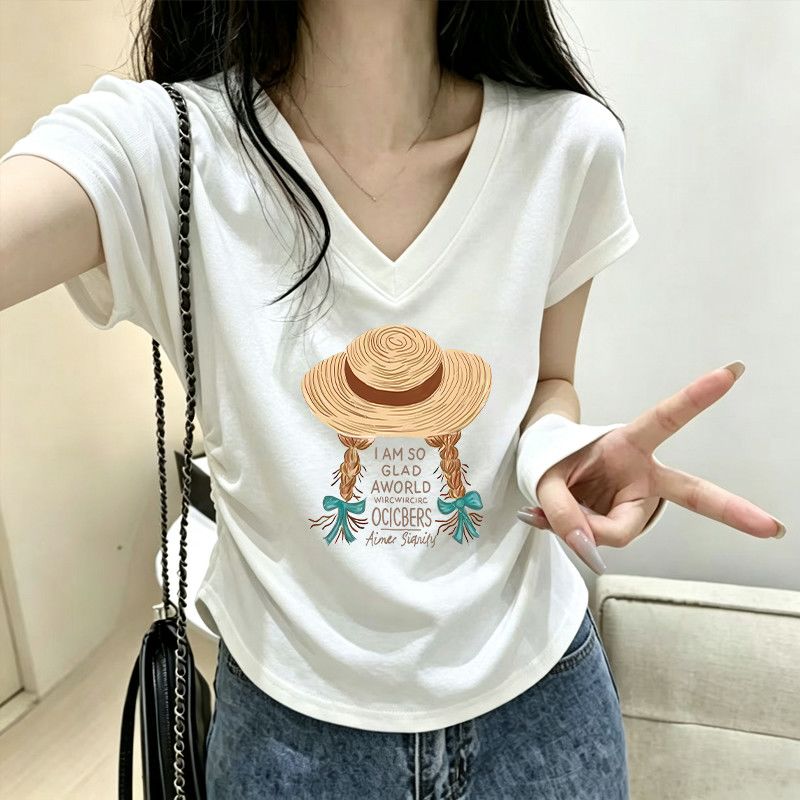 40支精梳棉收腰褶皱V领短袖T恤女小众设计感夏季新品休闲显瘦上衣