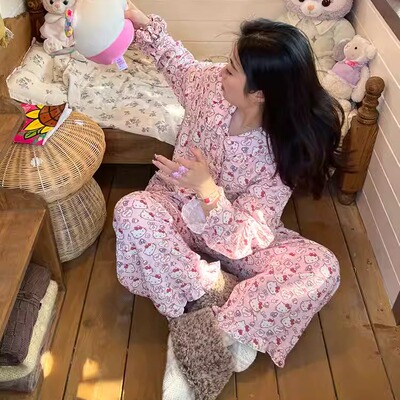 nini自制印花kt纯棉睡衣两件套女春夏款宽松可爱双层纱绉居家服