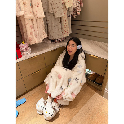 nini自制行走的被窝韩系睡袍加厚珊瑚绒睡衣女士宽松连帽家居服冬