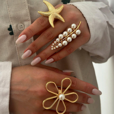 Sea Star Exaggerated Ring Set珍珠戒指套装海星饰品女小众指环
