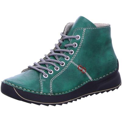 代购rieker女士短靴舒适软底轻便缓震绿色系带拉链缝线装饰