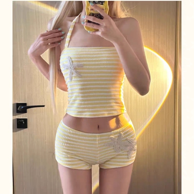 可爱少女感纯欲复古条纹挂脖分体泳衣bikini海边度假风泳衣3934