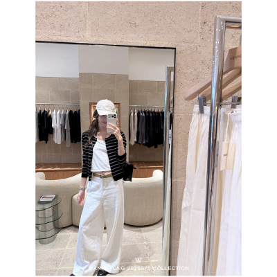 WANANTONG 黑白主义 出门就想穿100wool条纹开衫女春季针织衫