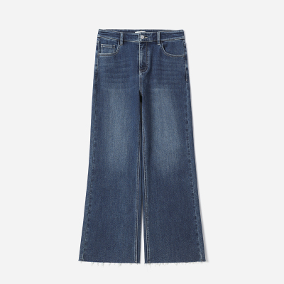 茉莉雅集经典摩登绵弹脚口毛边休闲直筒牛仔长裤女WKZ08190