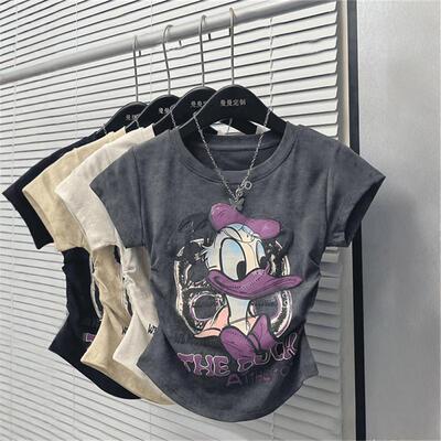 卡通动漫印花短袖T恤女2025夏季新款收腰显瘦设计感扎染上衣ins潮