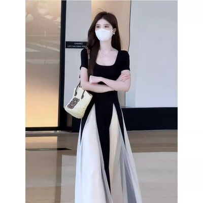 法式气质显瘦短袖连衣裙女夏季2025新款高级感撞色A字裙修身长裙