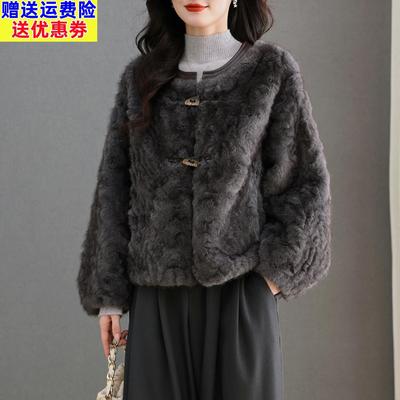 水貂绒皮草大衣外套女开衫圆领短款高腰小个子卡腰2025新款秋冬装