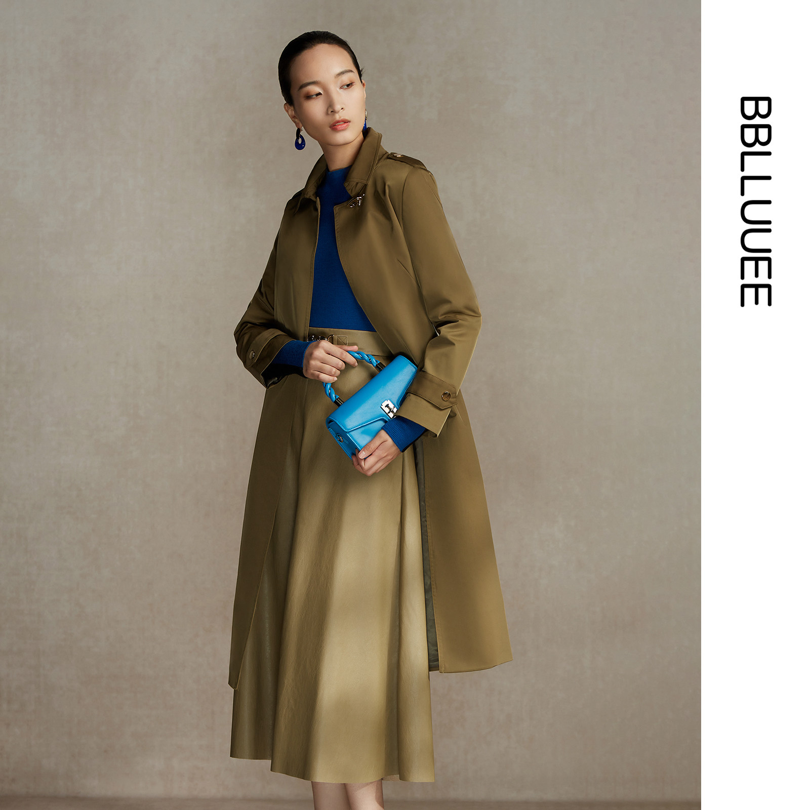 BBLLUUEE粉蓝衣橱简约经典驼色复古风衣女2026秋装英伦宽松长外套