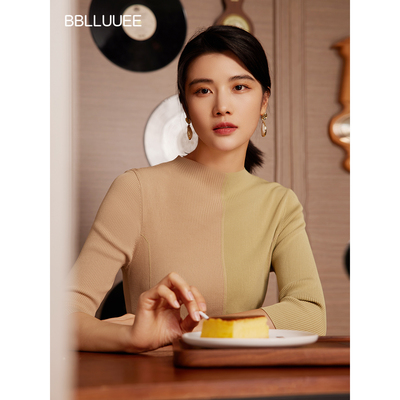 BBLLUUEE粉蓝衣橱2025冬女装云水相逢优雅气质撞色七分袖爽丝毛衫