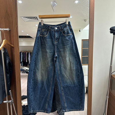 欧洲站秋新高腰弯刀阔腿牛仔裤女