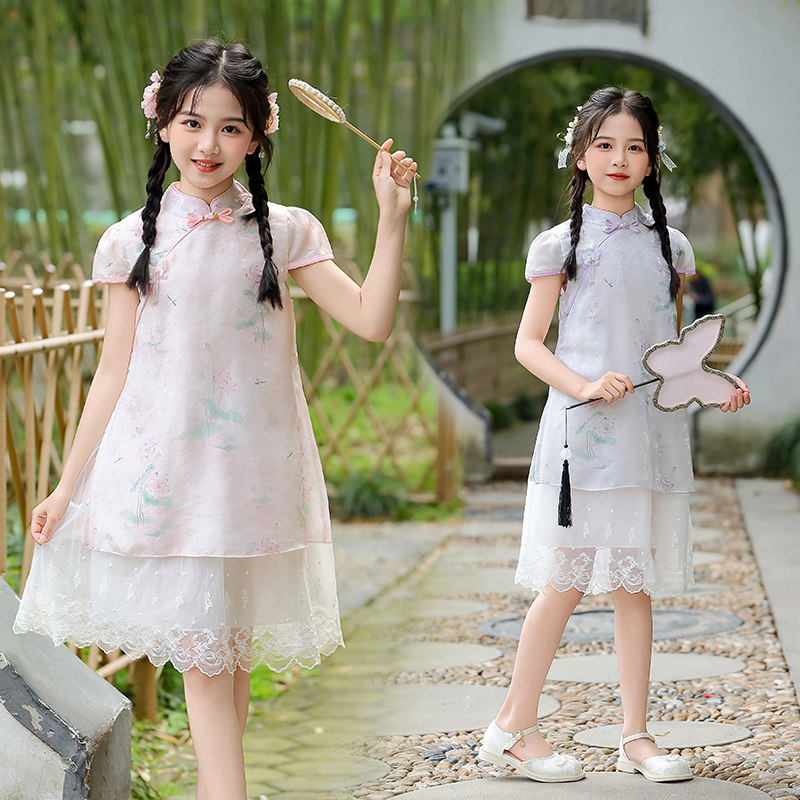 女童新中式旗袍裙夏季女孩国风唐装汉服大童连衣裙六一儿童表演服