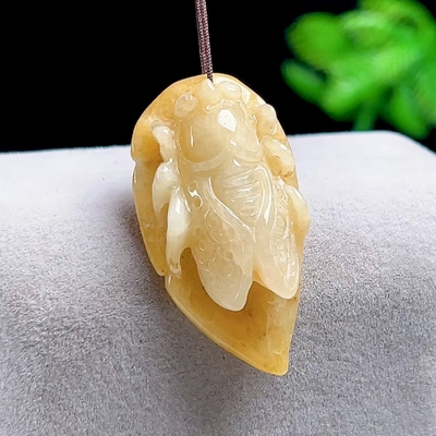 缅甸料A货翡翠冰黄翡一鸣惊人玉坠天然玉石玉蝉吊坠一叶知了挂件