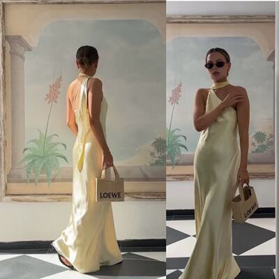 外贸单滑滑缎面质感斜肩连衣裙