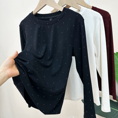 洋气时髦满天星烫钻圆领长袖T恤