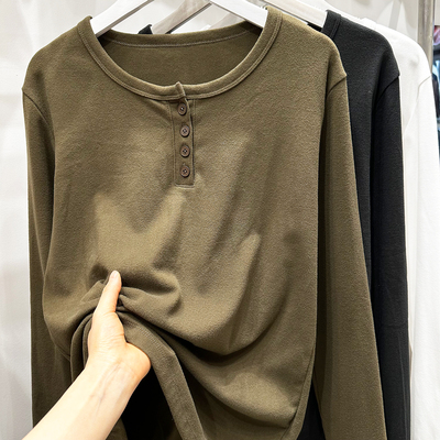 上身即暖圆领纽扣发热绒衫T恤